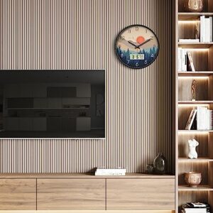 Silent Wall Clock with Day Week Temperature Wilderness with Sunset Non-ticking Battery Operated Large Digital Modern Clocks Display with Calendar and Date for Kitchen Farmhouse Bathroom Office 12 Inch