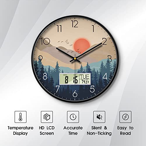 Silent Wall Clock with Day Week Temperature Wilderness with Sunset Non-ticking Battery Operated Large Digital Modern Clocks Display with Calendar and Date for Kitchen Farmhouse Bathroom Office 12 Inch