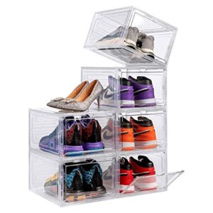 dezene large sturdy storage boxes: pack of 6 stackable clear plastic organizer containers for closet, drop front bins for display sneakers, fit shoe size up to us men 12