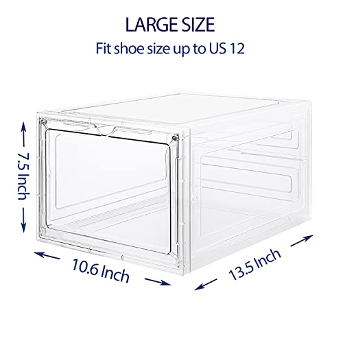 DEZENE Large Sturdy Storage Boxes: Pack of 6 Stackable Clear Plastic Organizer Containers for Closet, Drop Front Bins for Display Sneakers, Fit Shoe Size Up to US Men 12