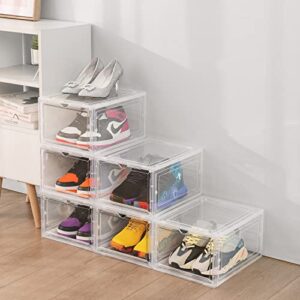 DEZENE Large Sturdy Storage Boxes: Pack of 6 Stackable Clear Plastic Organizer Containers for Closet, Drop Front Bins for Display Sneakers, Fit Shoe Size Up to US Men 12