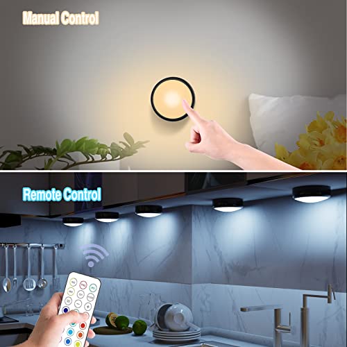 ILYXY 6 Pack LED Under Cabinet Lighting Dimmable Push Lights Battery Operated Wireless Under Counter Puck Lights with Remote for Kitchen, Multicolor Transformation Stick On Lights, Shiny Black