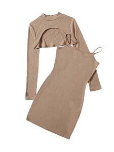 floerns girl's 2 piece outfit letter print cami bodycon dress with long sleeve top camel 8-9y