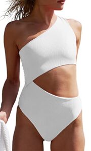 women's one piece ribbed swimsuit one shoulder cutout swimwear sexy bathing suit white