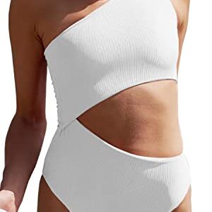 Women's One Piece Ribbed Swimsuit One Shoulder Cutout Swimwear Sexy Bathing Suit White