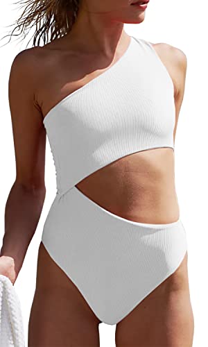 Women's One Piece Ribbed Swimsuit One Shoulder Cutout Swimwear Sexy Bathing Suit White