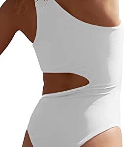 Women's One Piece Ribbed Swimsuit One Shoulder Cutout Swimwear Sexy Bathing Suit White