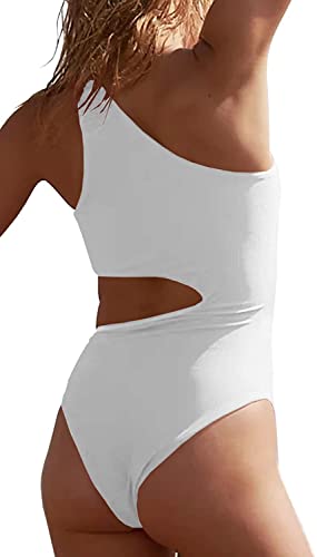 Women's One Piece Ribbed Swimsuit One Shoulder Cutout Swimwear Sexy Bathing Suit White