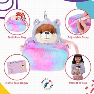 Over The Shoulder Pet Plush Bag w/Pug Stuffed Animal in Unicorn Stuffed Animals Disguise - Pug Plush Dog Stuffed Animals w/Birth Certificate - Puppy Stuffed Animal for Girls 4-5 - 6-7 yrs