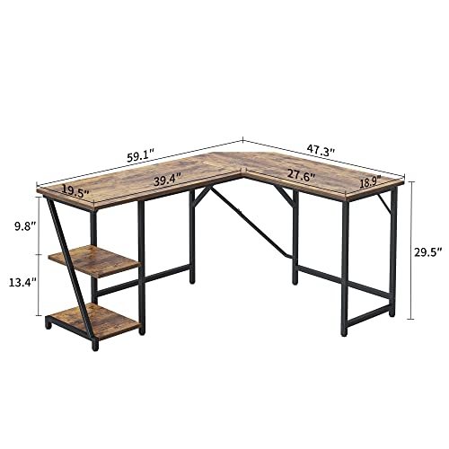 CubiCubi L Shaped Computer Desk, 59.1 inch Industrial Office Desk with Storage Shelves, Rustic Wood and Metal Corner Desk for Home Office Rustic Brown