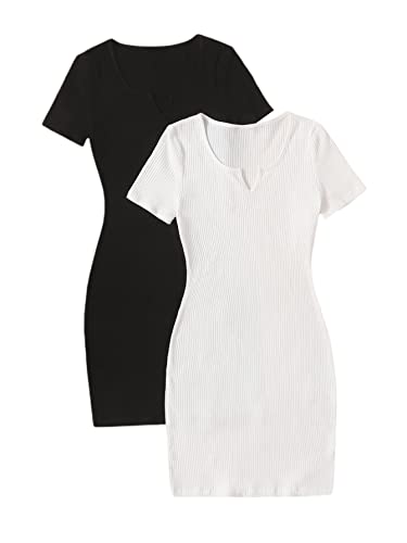 SOLY HUX Girl's 2 Piece Notched Neck Short Sleeve Ribbed Knit Bodycon Mini Dress Black White 8-9Y