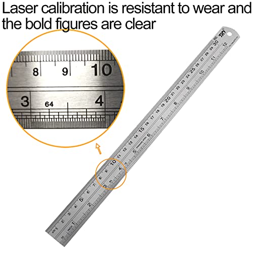 YYJ HOME Metal Ruler, 12 inch Ruler and Metal Rule 30 Centimeters and inch Ruler Steel Rulers Drawing Ruler, Measuring Ruler 12 inch 2 Pieces Silver