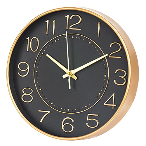 HZDHCLH 10 inch Small Wall Clocks Battery Operated,Black and Gold Quartz Round Clock for Wall,Silent Non Ticking Modern Wall Clock for Living Room Bedroom Kitchen Office School Classroom Decor