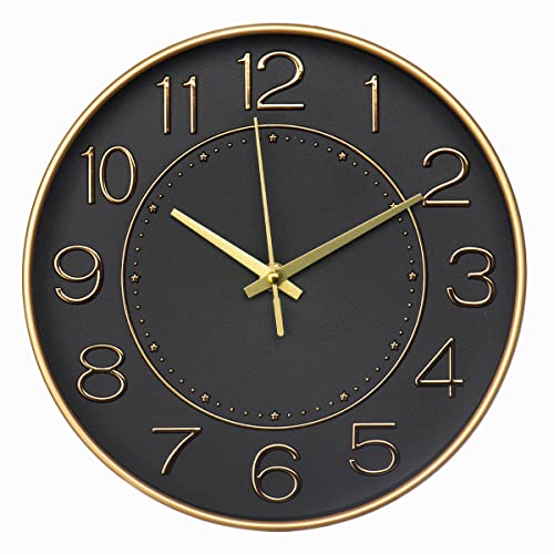 HZDHCLH 10 inch Small Wall Clocks Battery Operated,Black and Gold Quartz Round Clock for Wall,Silent Non Ticking Modern Wall Clock for Living Room Bedroom Kitchen Office School Classroom Decor