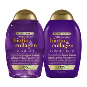 ogx thick & full + biotin & collagen extra strength volumizing shampoo & conditioner with vitamin b7 & hydrolyzed wheat protein for fine hair. sulfate-free surfactants for fuller hair, 13 fl oz