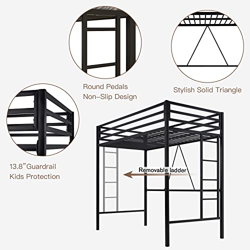 ikalido Metal Loft Bed Twin Size, Multifunctional Twin Bed with Safety Guard & Removable Ladder, Space-Saving/Noise Free/No Box Spring Needed/Matte Black