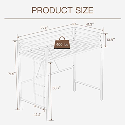 ikalido Metal Loft Bed Twin Size, Multifunctional Twin Bed with Safety Guard & Removable Ladder, Space-Saving/Noise Free/No Box Spring Needed/Matte Black