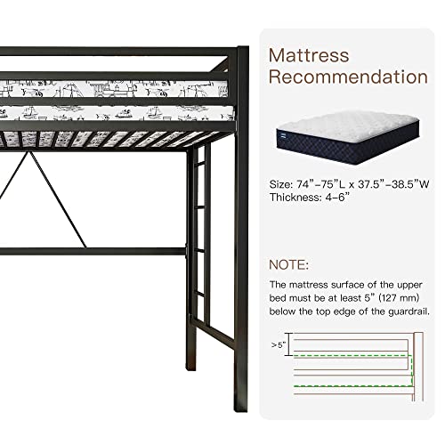 ikalido Metal Loft Bed Twin Size, Multifunctional Twin Bed with Safety Guard & Removable Ladder, Space-Saving/Noise Free/No Box Spring Needed/Matte Black