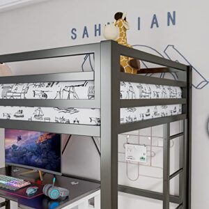 ikalido Metal Loft Bed Twin Size, Multifunctional Twin Bed with Safety Guard & Removable Ladder, Space-Saving/Noise Free/No Box Spring Needed/Matte Black