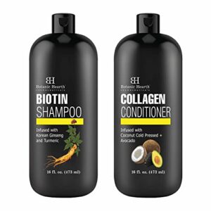 botanic hearth biotin shampoo and conditioner with collagen - fights hair loss & thinning with korean ginseng & turmeric, conditioner promotes hair growth with avocado and coconut - 16 fl oz x 2