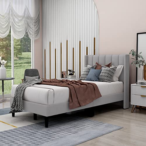 Zavoter Twin Upholstered Platform Bed Frame with Headboard, Mattress Foundation, Wood Slat Support, Quiet, no Box Spring Needed, Easy to Assemble Light Gray