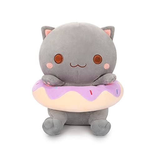 AIXINI 10inch Cute Cat Plush with Donut Stuffed Squishy Animal, Super Soft Kawaii Kitten Plushies for Kids (Grey,A)