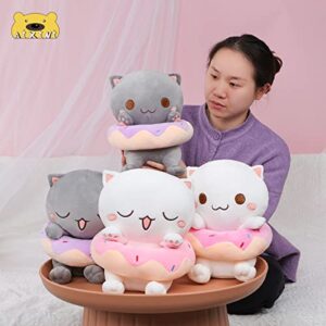 AIXINI 10inch Cute Cat Plush with Donut Stuffed Squishy Animal, Super Soft Kawaii Kitten Plushies for Kids (Grey,A)