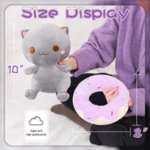 AIXINI 10inch Cute Cat Plush with Donut Stuffed Squishy Animal, Super Soft Kawaii Kitten Plushies for Kids (Grey,A)