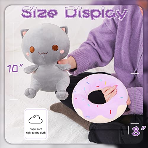 AIXINI 10inch Cute Cat Plush with Donut Stuffed Squishy Animal, Super Soft Kawaii Kitten Plushies for Kids (Grey,A)