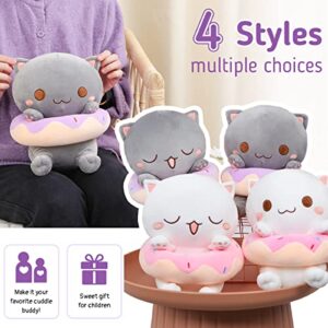 AIXINI 10inch Cute Cat Plush with Donut Stuffed Squishy Animal, Super Soft Kawaii Kitten Plushies for Kids (Grey,A)