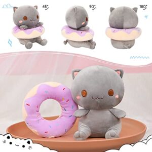 AIXINI 10inch Cute Cat Plush with Donut Stuffed Squishy Animal, Super Soft Kawaii Kitten Plushies for Kids (Grey,A)