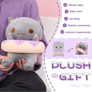 AIXINI 10inch Cute Cat Plush with Donut Stuffed Squishy Animal, Super Soft Kawaii Kitten Plushies for Kids (Grey,A)