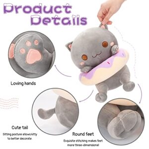 AIXINI 10inch Cute Cat Plush with Donut Stuffed Squishy Animal, Super Soft Kawaii Kitten Plushies for Kids (Grey,A)