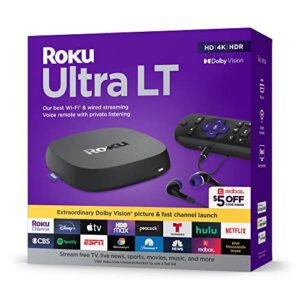 roku ultra lt (2023) hd/4k/hdr dolby vision quad-core streaming player with hdmi cable, headphones, voice remote w/ private listening, ethernet