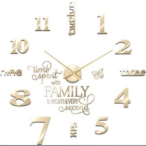 junkin 3d large frameless diy wall clock,modern decor family quote wall stickers clock kit for home living room bedroom office wall decorations adjustable size (gold)