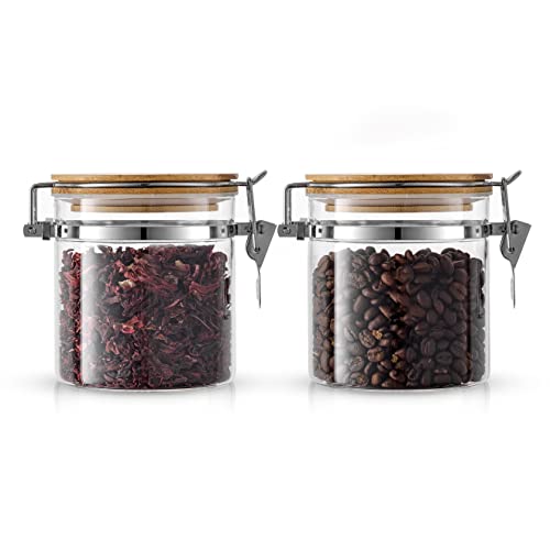 JoyJolt Glass Jars With Bamboo Lids (19 fl oz). 2PC Set of Airtight Storage Jars with Clamp Lids for Pantry Food Storage. Air Tight Sealable Glass Canisters Containers for Kitchen Organization