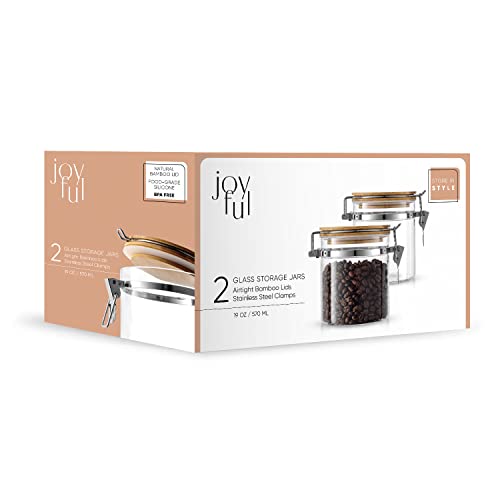 JoyJolt Glass Jars With Bamboo Lids (19 fl oz). 2PC Set of Airtight Storage Jars with Clamp Lids for Pantry Food Storage. Air Tight Sealable Glass Canisters Containers for Kitchen Organization