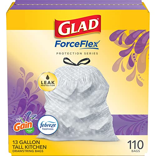 Glad ForceFlex Tall Kitchen Drawstring Trash Bags, 13 Gallon Trash Bag, Gain Lavender with Febreze Freshness, 110 Count