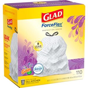 Glad ForceFlex Tall Kitchen Drawstring Trash Bags, 13 Gallon Trash Bag, Gain Lavender with Febreze Freshness, 110 Count