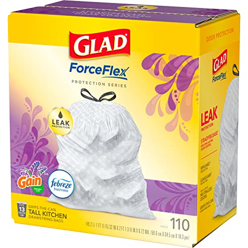 Glad ForceFlex Tall Kitchen Drawstring Trash Bags, 13 Gallon Trash Bag, Gain Lavender with Febreze Freshness, 110 Count