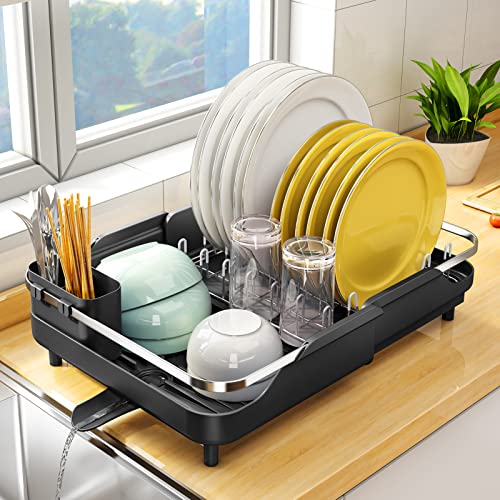 SAYZH Dish Drying Rack - Expandable Dish Rack for Kitchen Counter, Stainless Steel Dish Drainers with Drainaboard, Cabinet Black Dry Rack Dishes with Cup Holder Utensil Holder(11.5"-19.3")