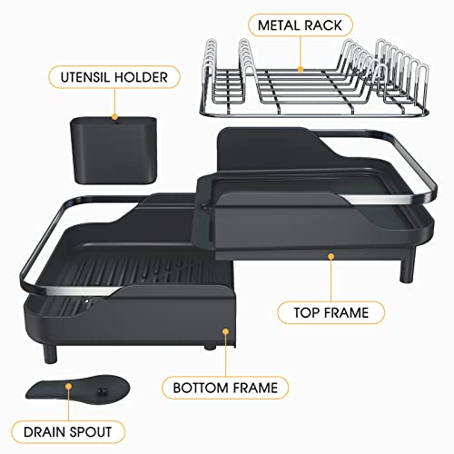 SAYZH Dish Drying Rack - Expandable Dish Rack for Kitchen Counter, Stainless Steel Dish Drainers with Drainaboard, Cabinet Black Dry Rack Dishes with Cup Holder Utensil Holder(11.5"-19.3")