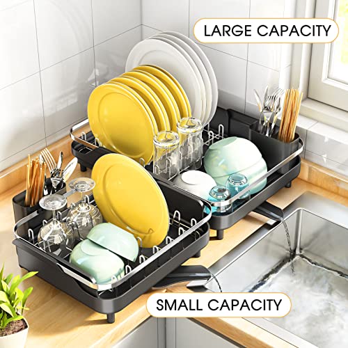 SAYZH Dish Drying Rack - Expandable Dish Rack for Kitchen Counter, Stainless Steel Dish Drainers with Drainaboard, Cabinet Black Dry Rack Dishes with Cup Holder Utensil Holder(11.5"-19.3")