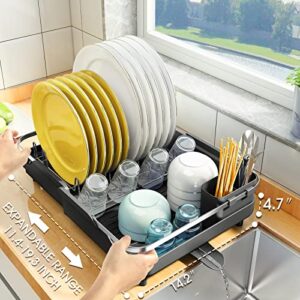 SAYZH Dish Drying Rack - Expandable Dish Rack for Kitchen Counter, Stainless Steel Dish Drainers with Drainaboard, Cabinet Black Dry Rack Dishes with Cup Holder Utensil Holder(11.5"-19.3")