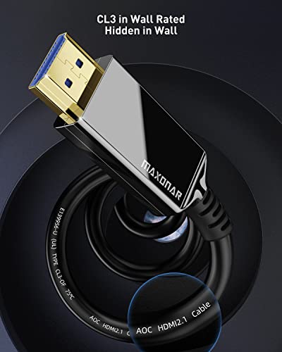 Maxonar 8K Fiber Optic HDMI Cable 50FT [Certified] Ultra HD High Speed HDMI 2.1 Cable, 8K60 4K120 144Hz, 48Gbps CL3 HDCP 2.2&2.3 eARC HDR Dolby for PS5/Xbox Series X/Apple TV 4K, Roku/Samsung/Sony TV