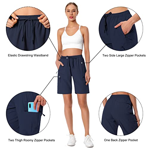 Women's Lightweight Hiking Cargo Shorts Quick Dry Athletic Shorts for Camping Travel Golf with Zipper Pockets Water Resistant Navy