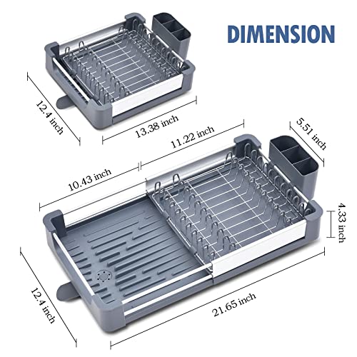 TOOLF Aluminum Extendable Dish Rack, Dual Part Dish Drying Rack with Non-Scratch and Movable Cutlery Drainer and Drainage Spout, Adjustable Dish Drainer for Kitchen, 1 Piece Grey