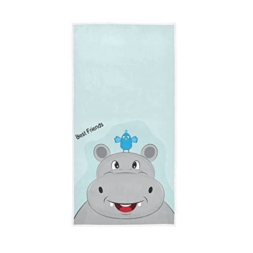 Bolaz Hand Towels Bath Towels for Bathroom Washcloths Face Cloths Cotton Cute Cartoon Head of Hippo with Small Bird Decorative Absorbent Soft 30x15in