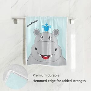 Bolaz Hand Towels Bath Towels for Bathroom Washcloths Face Cloths Cotton Cute Cartoon Head of Hippo with Small Bird Decorative Absorbent Soft 30x15in