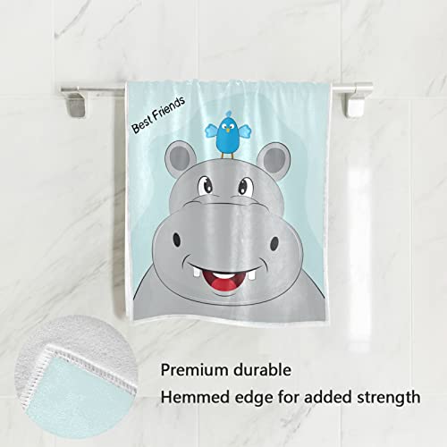 Bolaz Hand Towels Bath Towels for Bathroom Washcloths Face Cloths Cotton Cute Cartoon Head of Hippo with Small Bird Decorative Absorbent Soft 30x15in